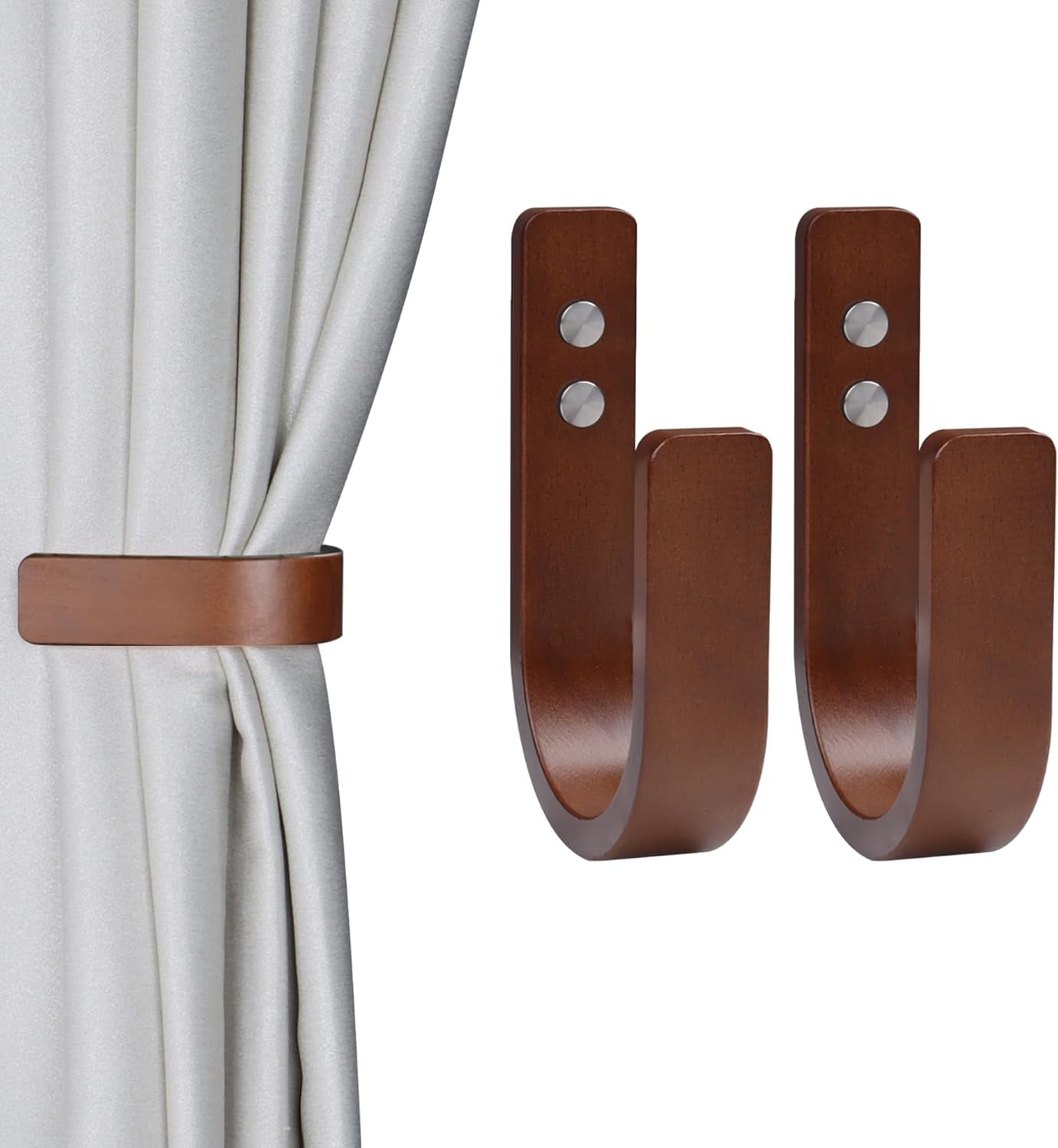 2 Set Curtain Tiebacks & Holdbacks - Natural Wood Wall-Mounted U-Shaped ...