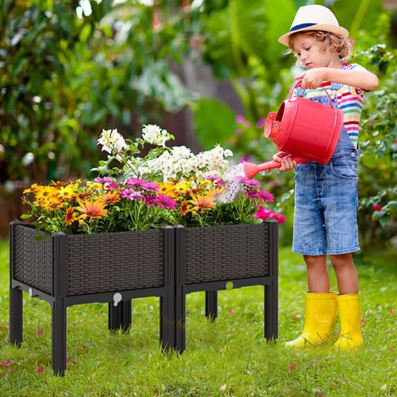 2 Set Elevated Plastic Raised Garden Bed Planter Kit with Self-Priming ...