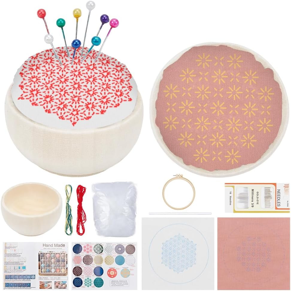 2 Set Embroidery Kit with Sashiko Fabric Thread Needles Practice ...