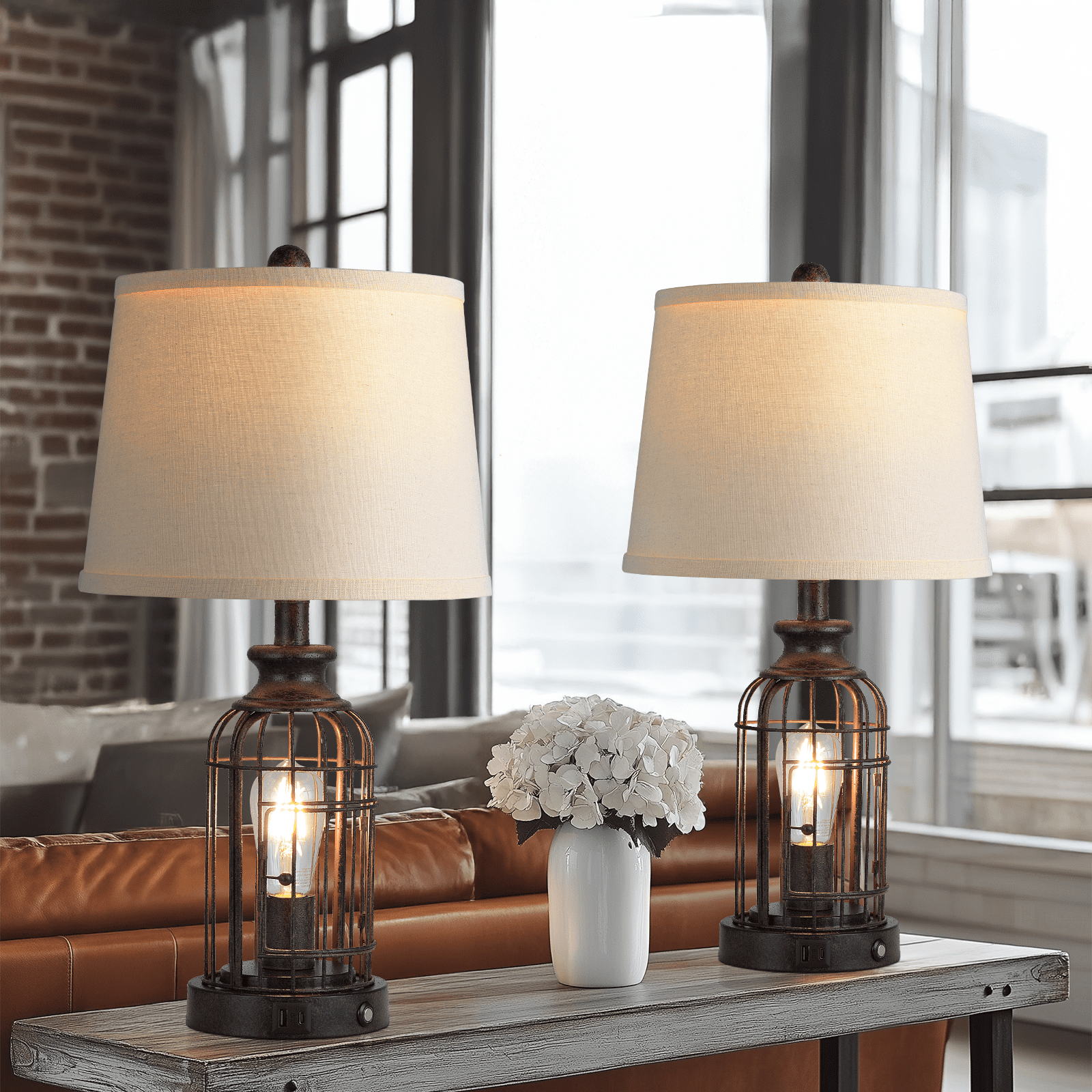 2 Set Farmhouse Table Lamps With 4 LED Bulbs, 9W Bright Rotary Switch ...
