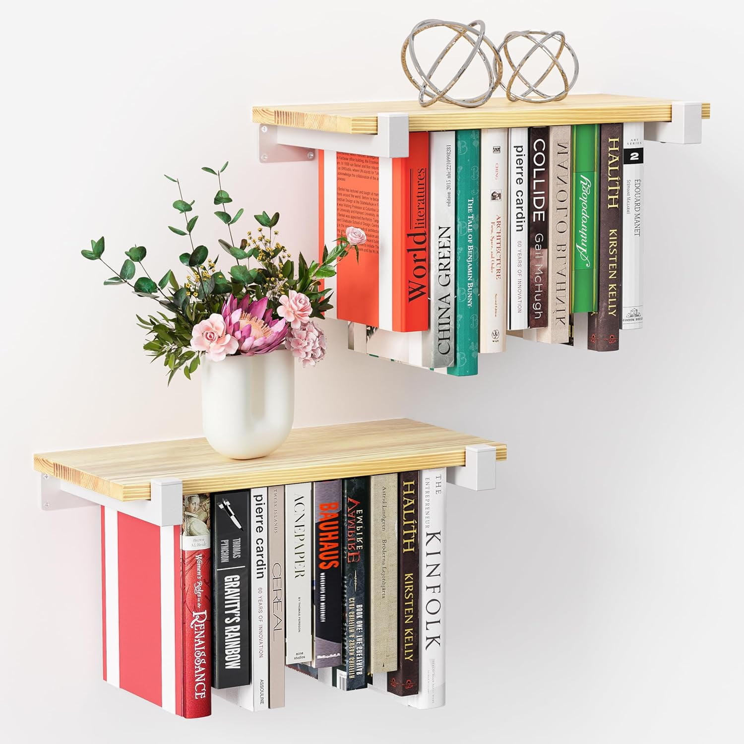 2 Set of Floating Bookshelf with White Shelf Brackets, Pine Wood ...