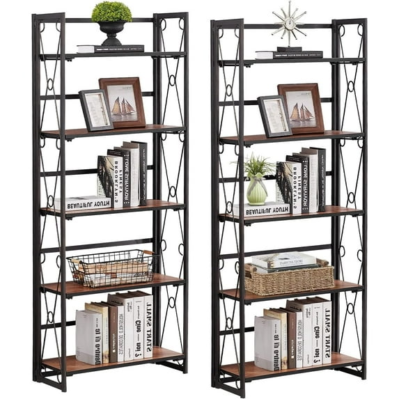 2 Set Folding Bookshelf 5-Tier,Industrial Metal Frame & Wood Shelves ...