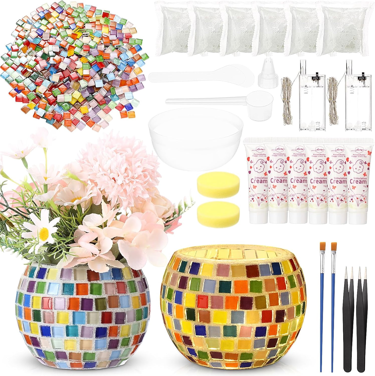 2 Set Glass Mosaic Candle Holder Kit with Lights DIY Mosaic Arts and ...