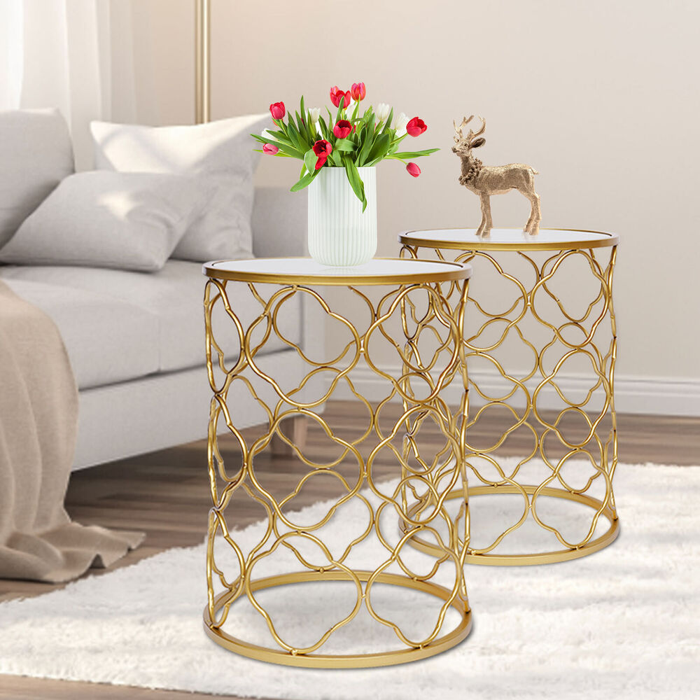 2 Set Gold Side Tables Elegant Coffee Table Round Metal Nesting Side ...
