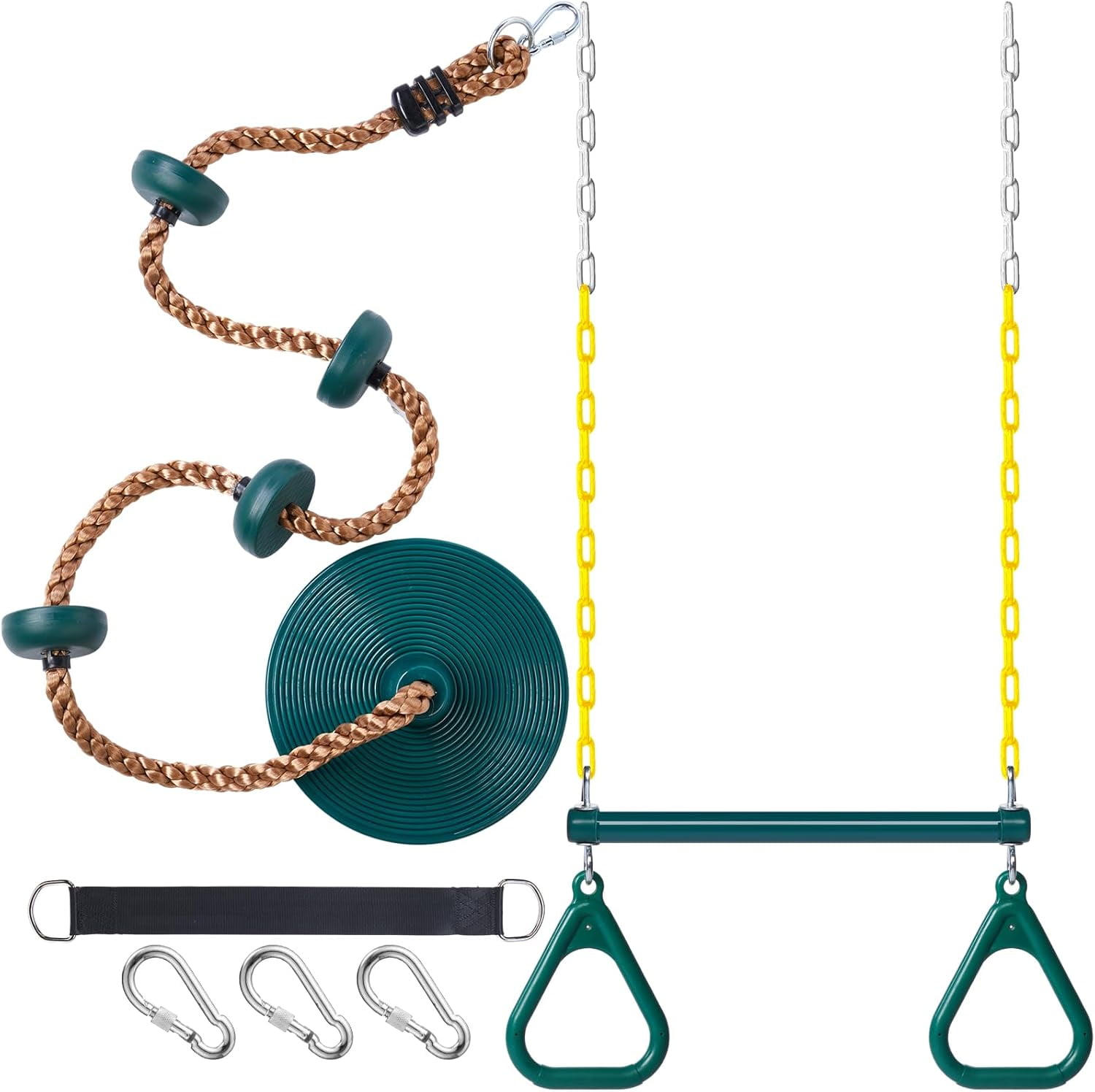 2 Set Gym Ring Trapeze Swing Bar and Climbing Rope with Platforms Disc ...