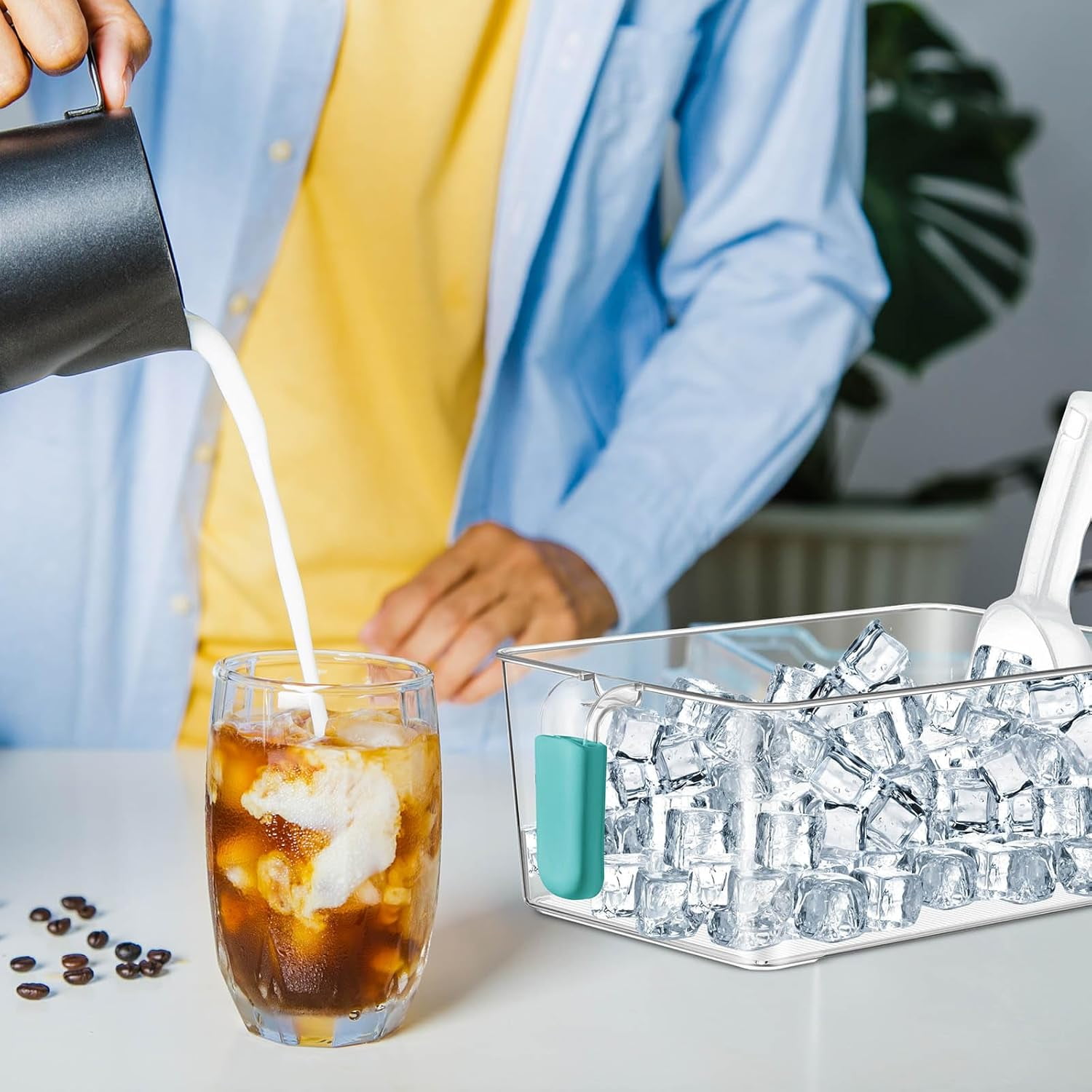 2 Set Ice Bin and Flexible Scoop Set Plastic Freezer Ice Bin with Pull ...