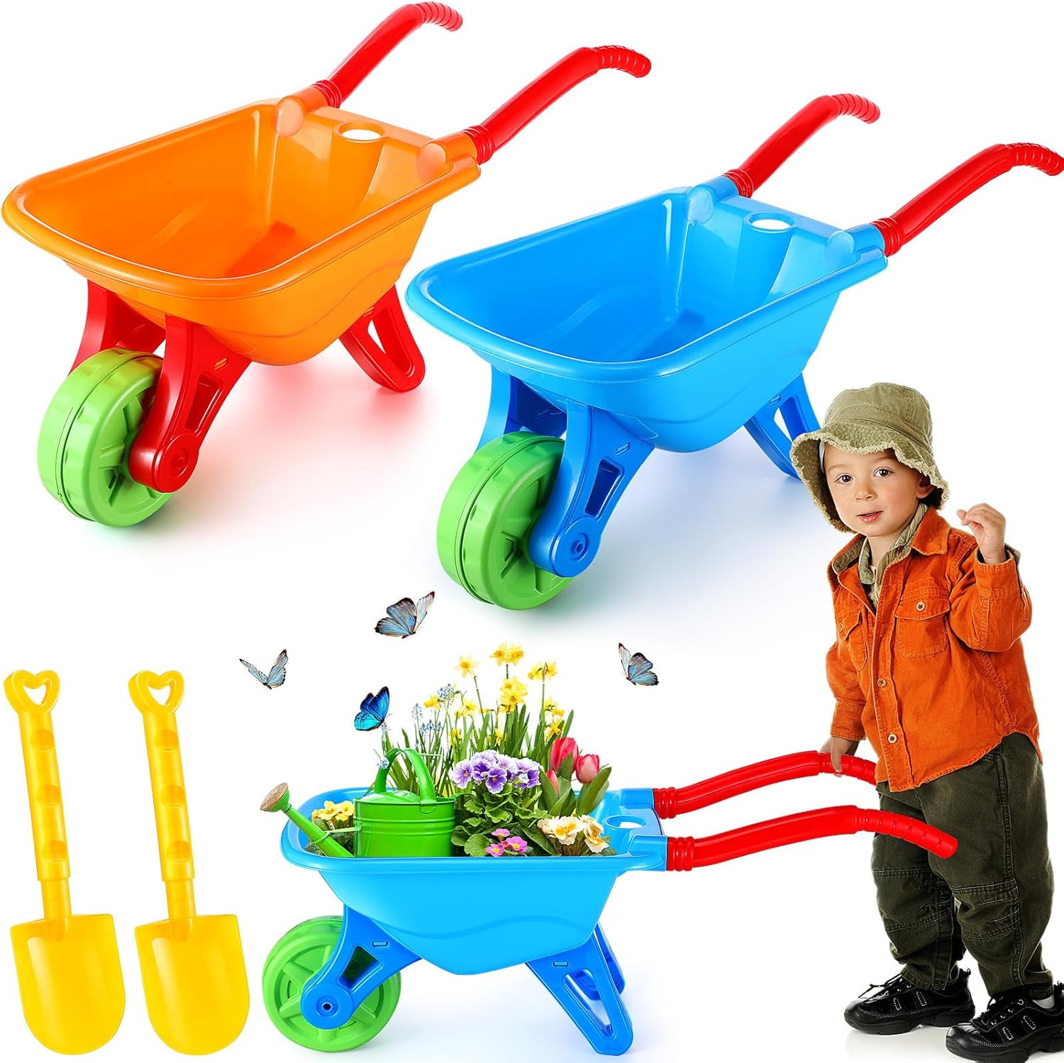 2 Set Kid Wheelbarrow Set, Kids Gardening Tool with Long Shovel Set ...