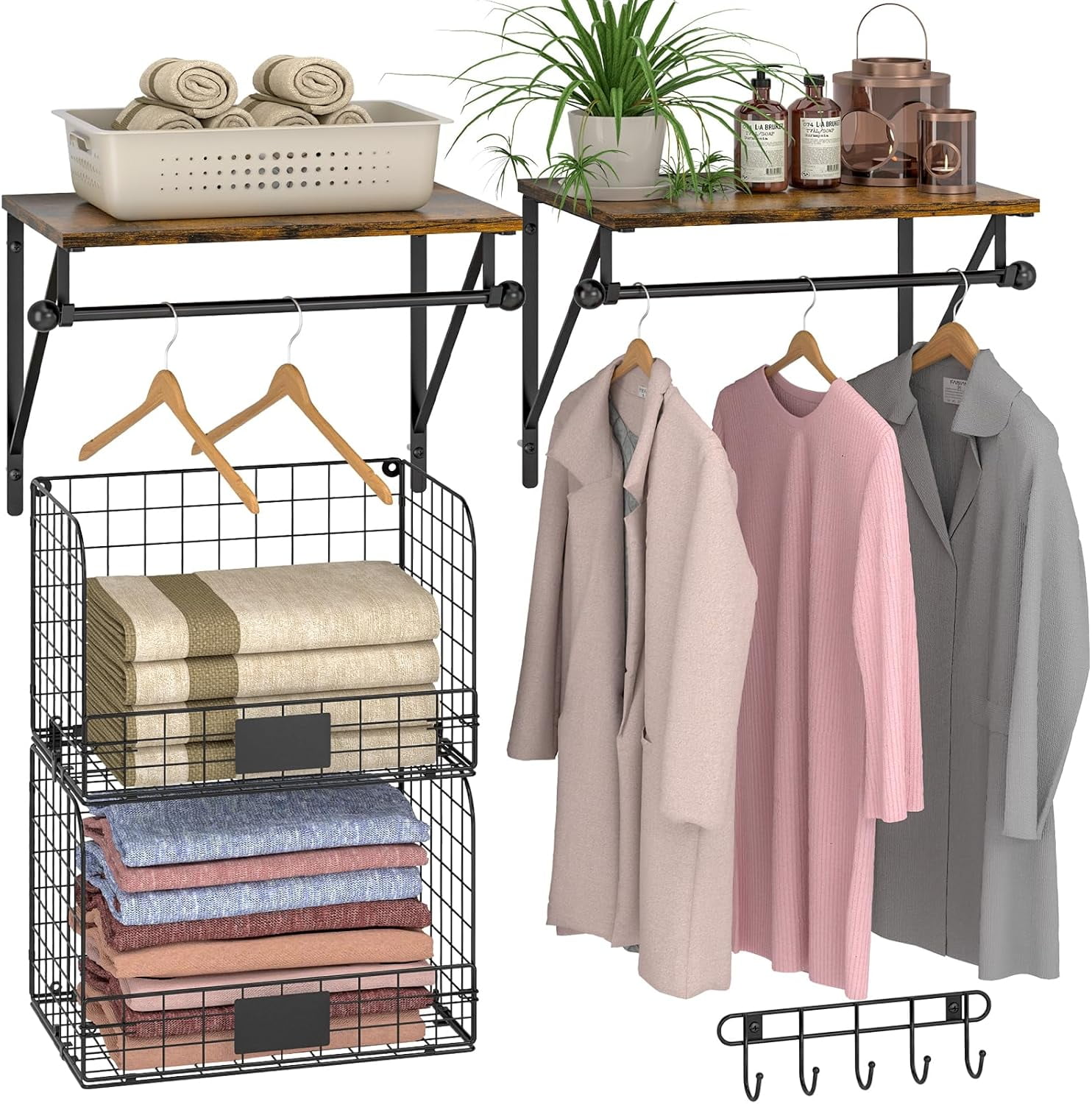 2 Set Laundry Room Shelves Wall Mounted with Wire Storage Baskets, Over ...