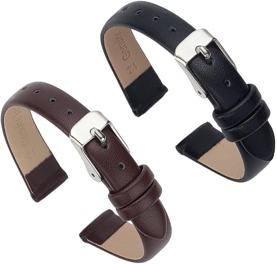 2 Set Leather Textured Watch Bands Black/Coconut Brown Adjustable Watch ...