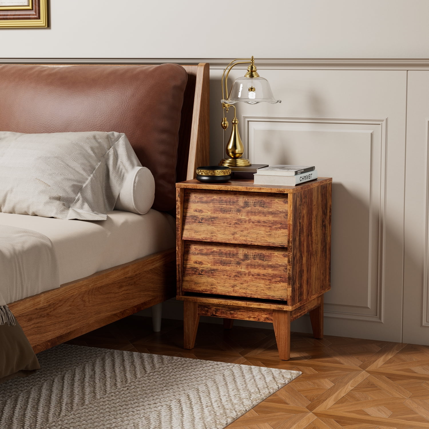 2 Set Nightstands Features Vintage-style and Bevel Design Made of MDF ...
