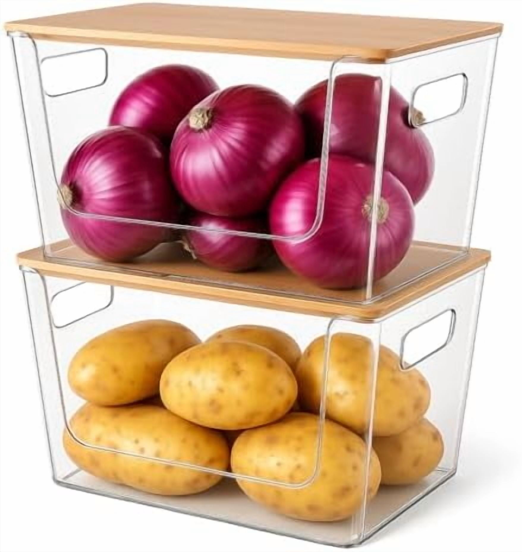 2 Set Pantry Organizers and Storage - Clear Stackable Bins with Bamboo ...