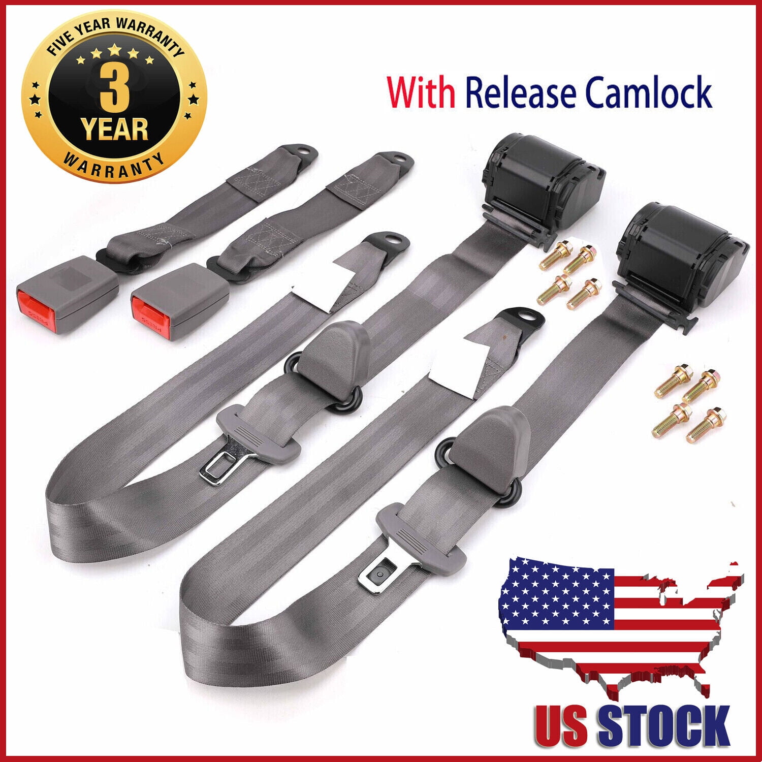 2 Set Retractable Safety Seat Belt, 11.8ft 3 Point Safety Seat Belt ...