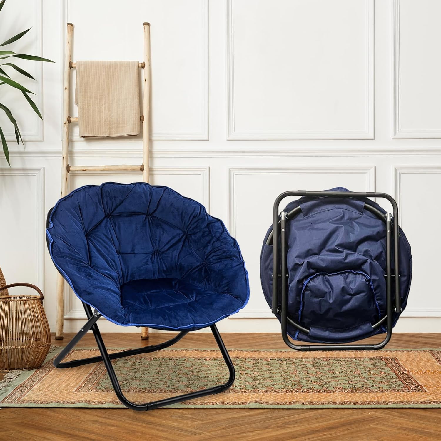 2-Set Round Foldable Saucer Chair Capacity Cozy Chair with Black Metal ...