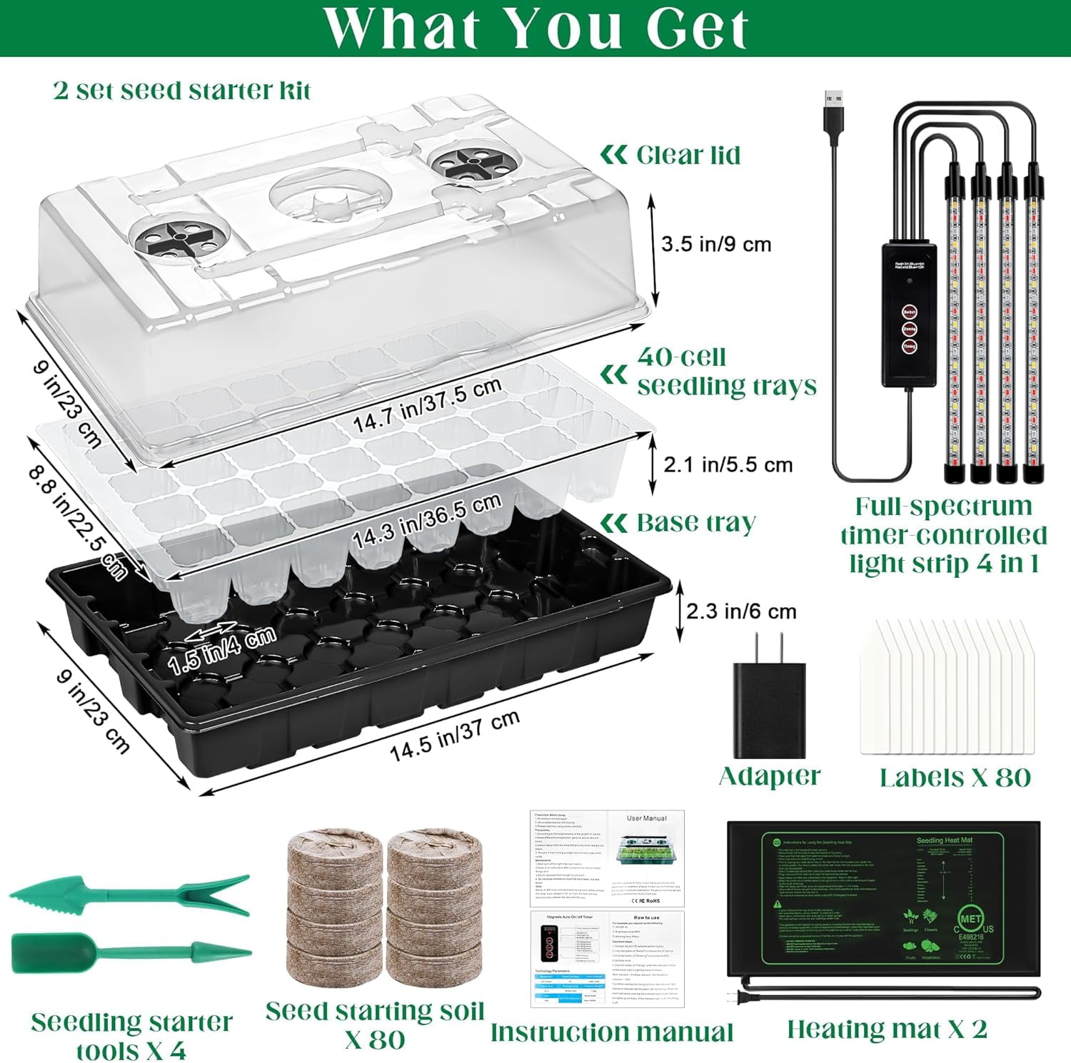 2 Set Seed Starter Kit 40-Cell Seed Starter Tray with Grow Light Full ...