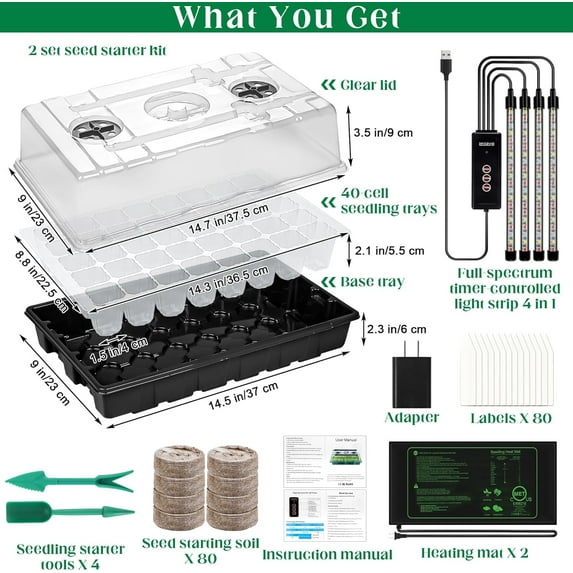 2 Set Seed Starter Kit 40-Cell Seed Starter Tray with Grow Light Full ...