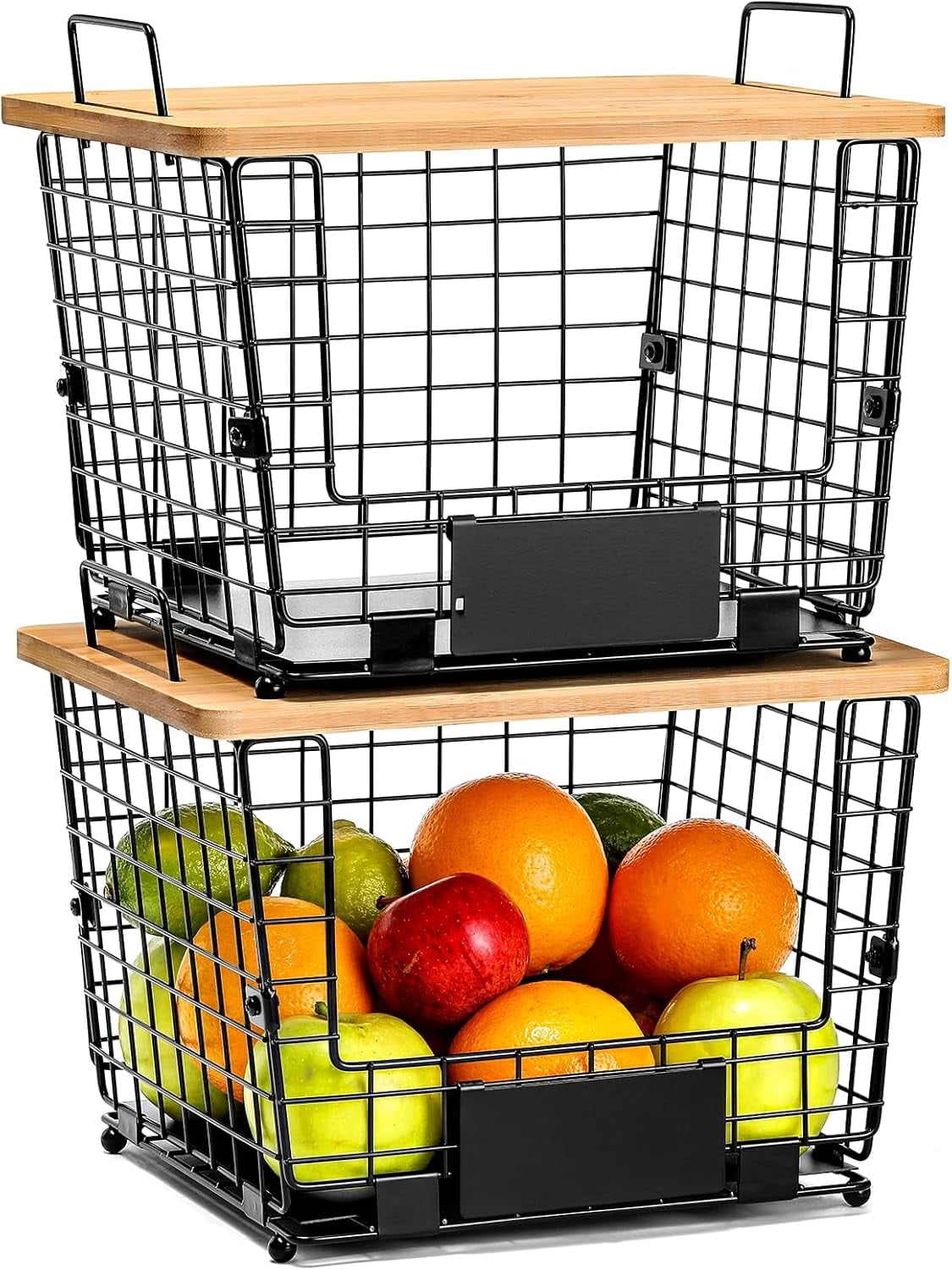 2 Set Stackable Wire Basket with Bamboo Top - Kitchen Counter, Pantry Organizer and Storage ...