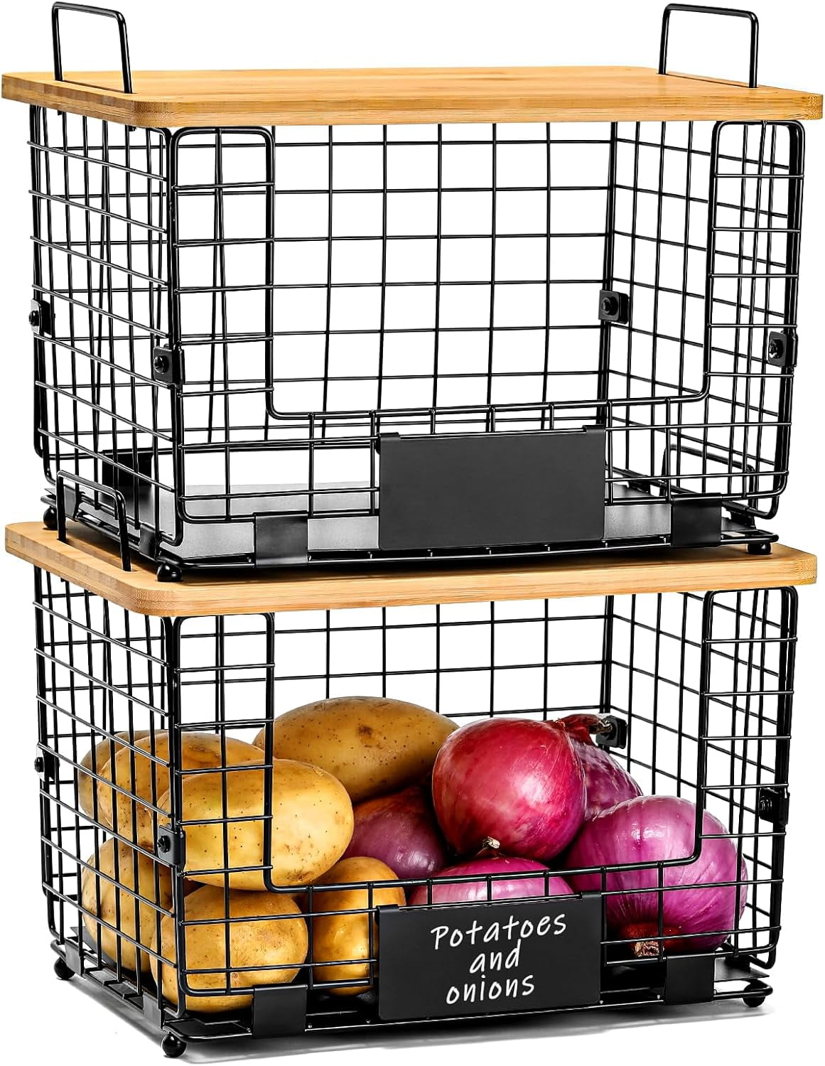 2 Set Stackable Wire Basket with Bamboo Top, Kitchen Counter, Pantry Organizer and Storage ...