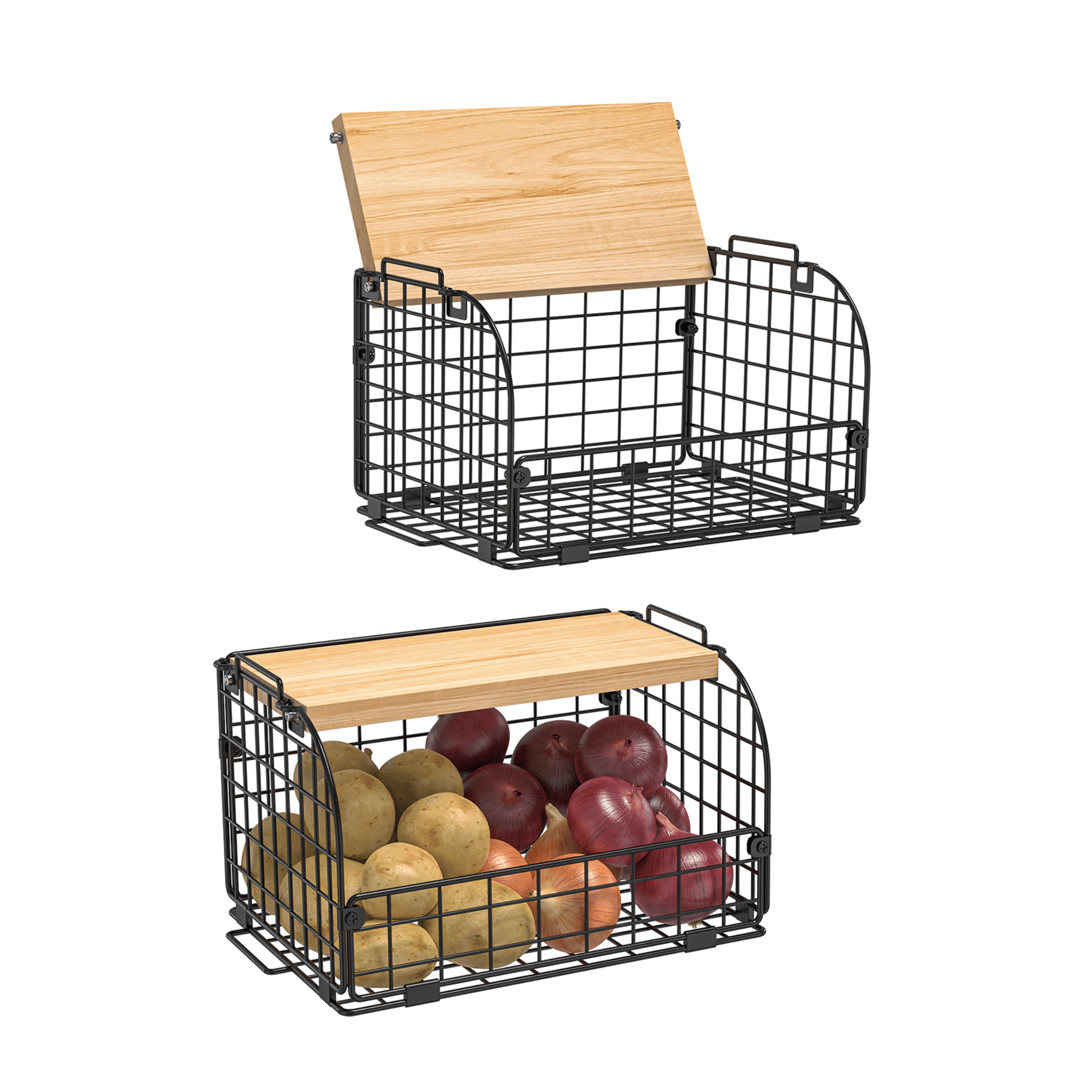 2 Set Stackable Wire Basket with Openable Top, Kitchen Counter, Pantry ...
