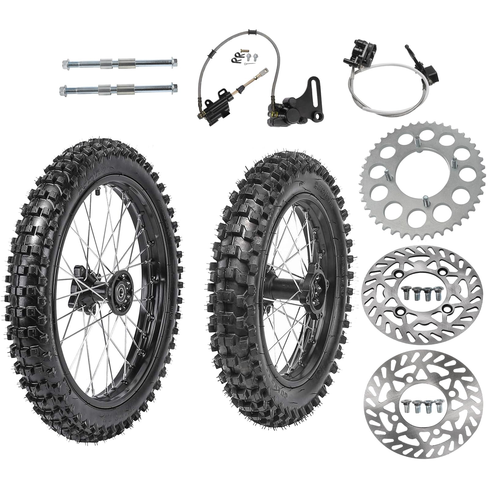 2 Set of Tire and Wheel Kit Front 60/100-14 and Rear 80/100-12 & Sprocket & Brake For Dirt Pit ...