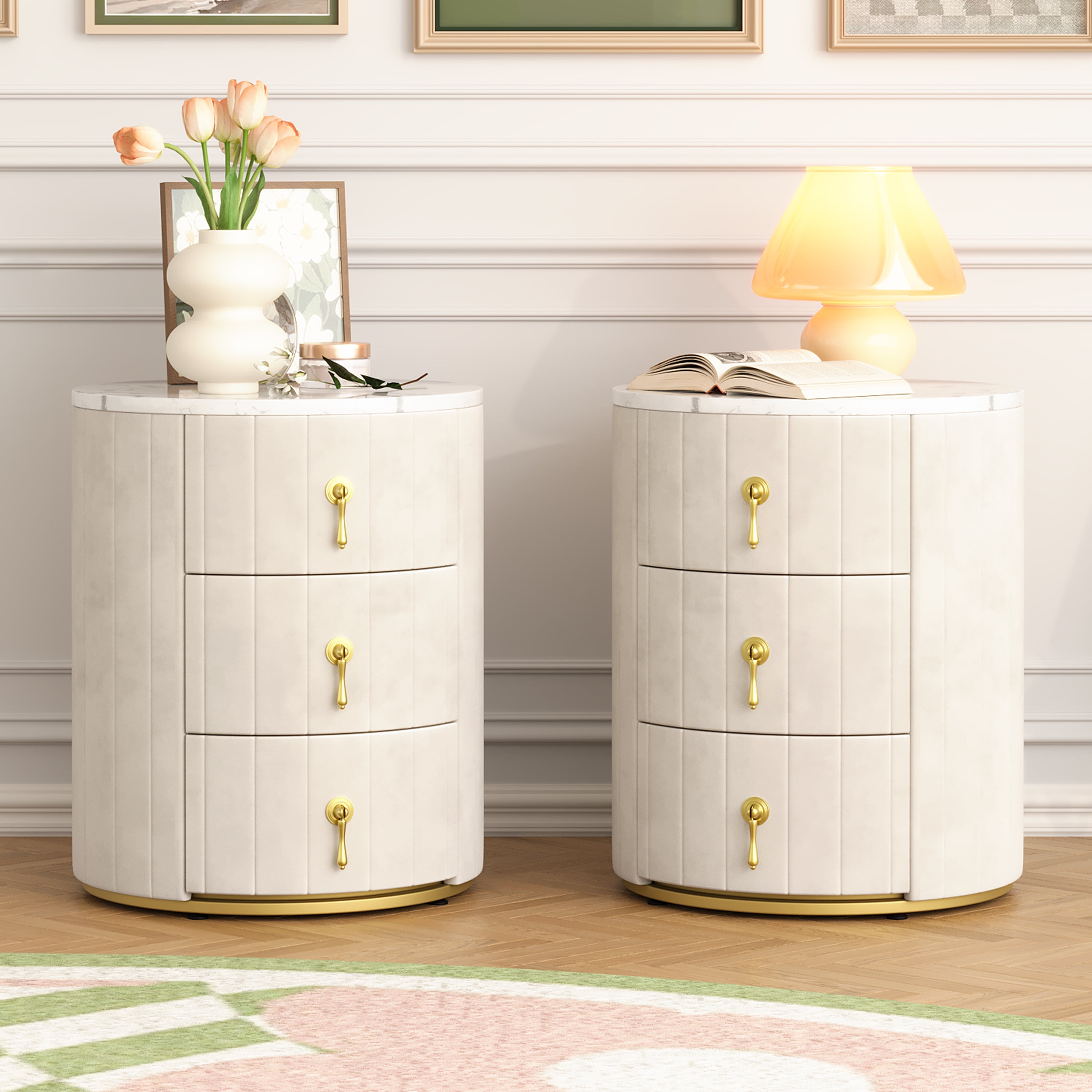2 Set Upholstered Nightstand with 3 Drawers, Round Bedside Table with ...