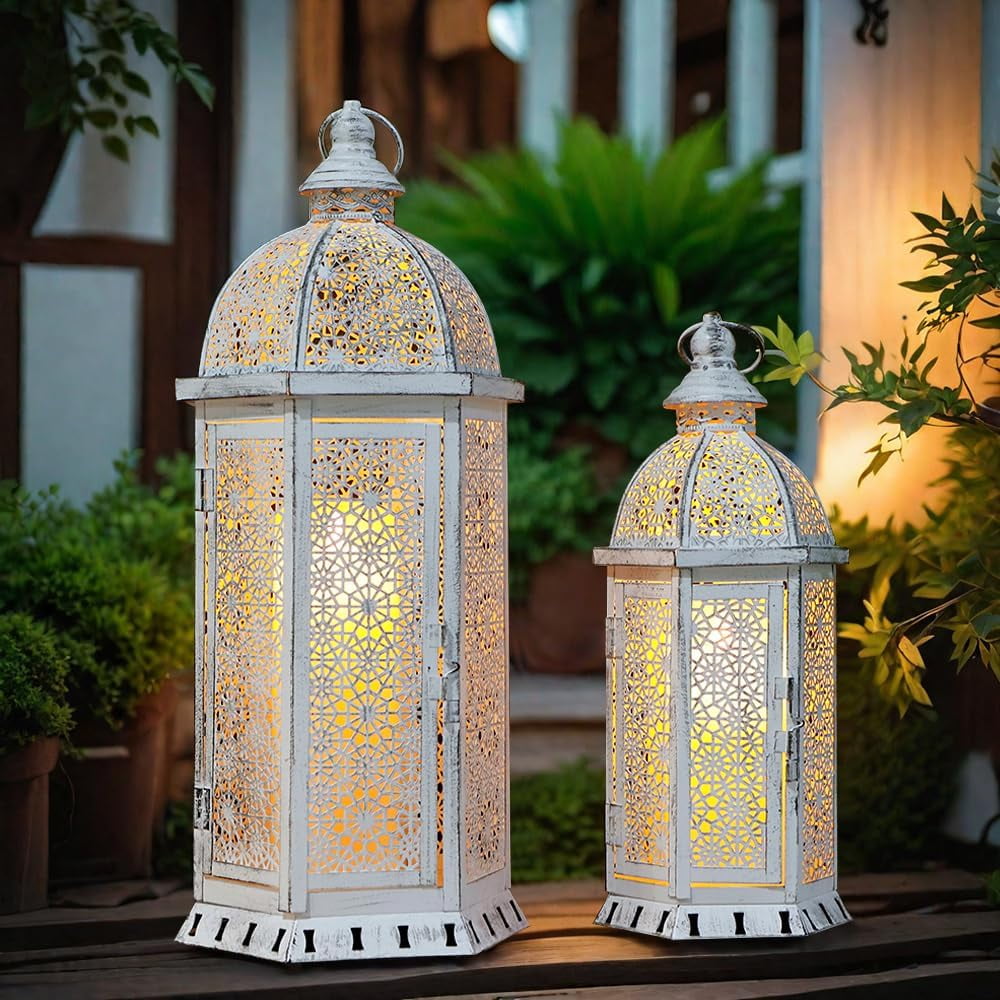 2 Set of White Rustic Metal Lanterns-19.5 and 15" in Height-Decorative ...