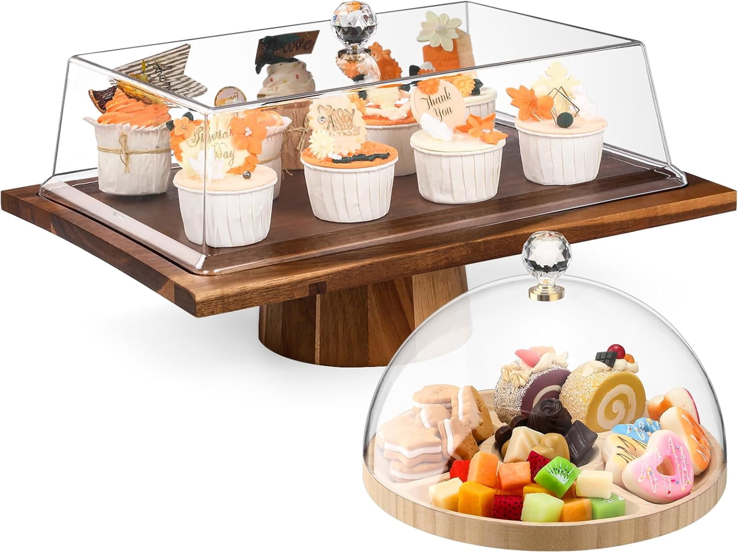 2 Set Wood Charcuterie Boards, 1 Acacia Wood Cake Stand with Lid ...