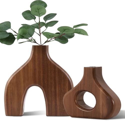 2 Set Wooden Vases for Home Decor, Farmhouse Rustic Fall Small Wood ...