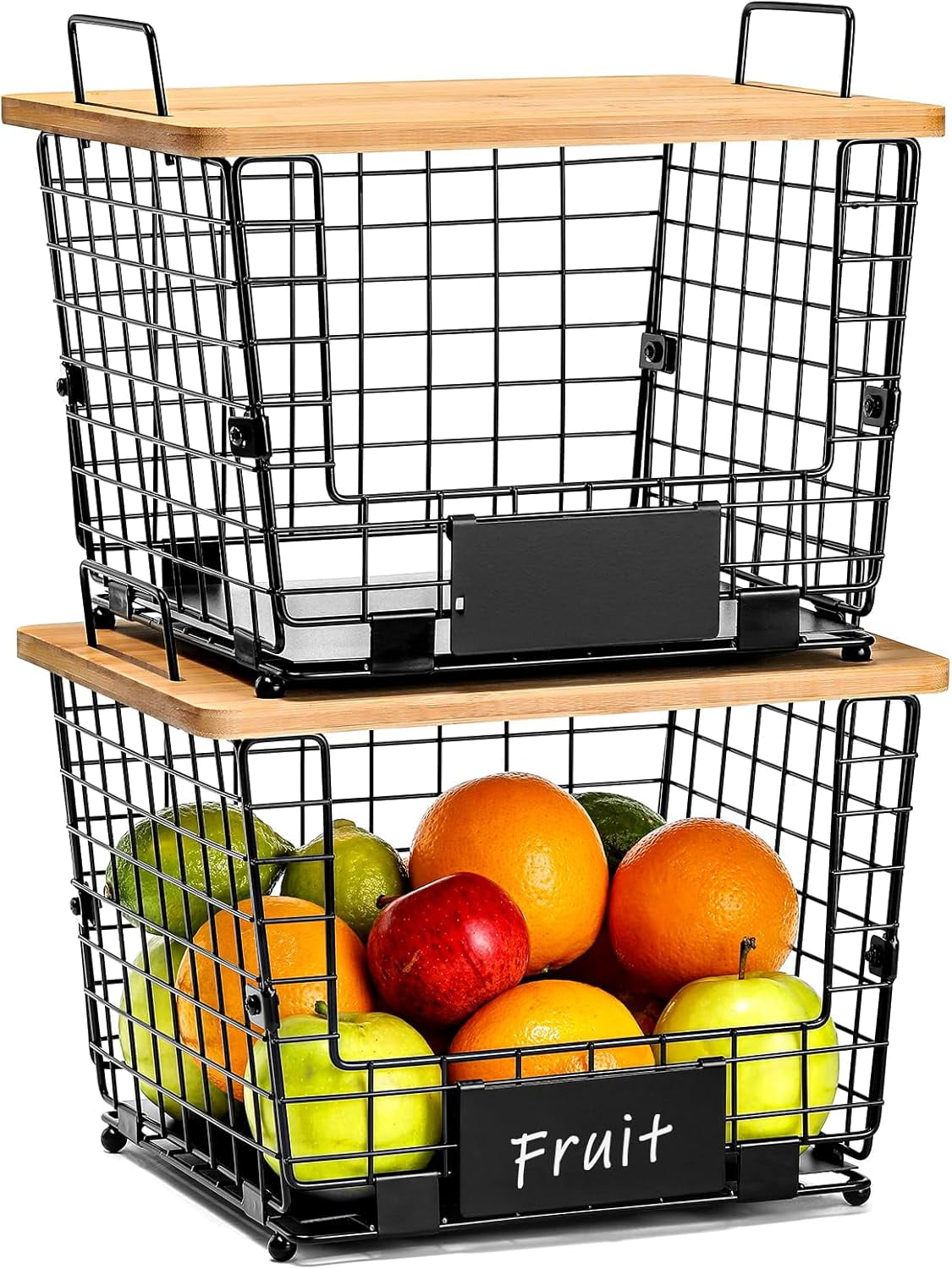 2 Set XXL Large Stackable Wire Basket with Bamboo Top - Kitchen Counter ...