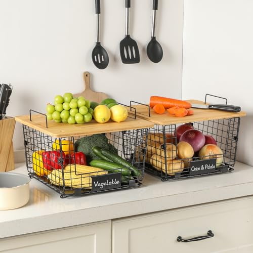 2 Set XXL Large Stackable Wire Basket with Bamboo Top - Kitchen Counter, Pantry Organizer and ...