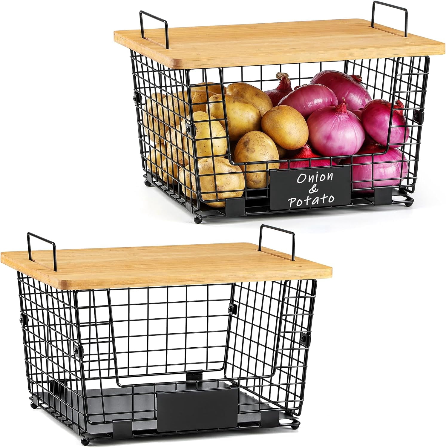 2 Set XXL Stackable Wire Baskets with Bamboo Tops and Tags, Pantry ...