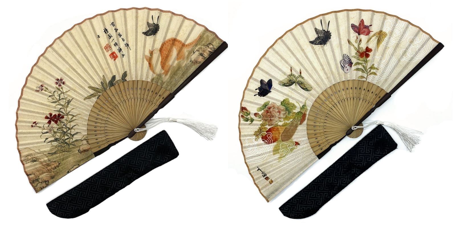 2 Set hand folding fan with silk pouches, Chinese style bamboo handheld ...