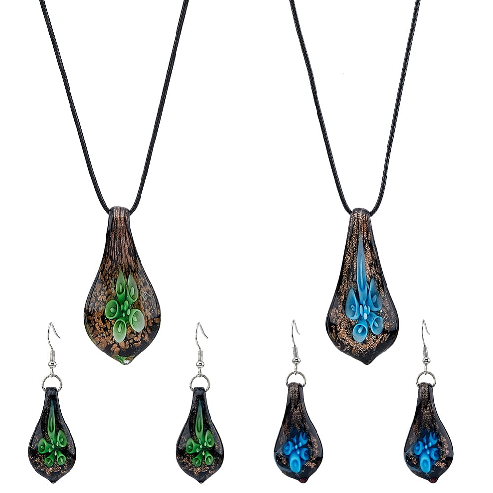 2 Sets 2 Colors Teardrop with Flower Glass Dangle Earrings & Pendant ...