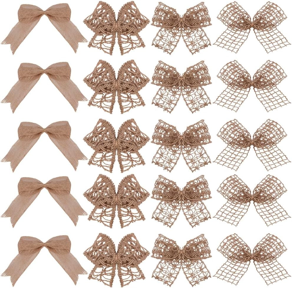 2 Sets 24Pcs Small Burlap Bows Burlap Ribbon Tan Flax Handmade Woven ...