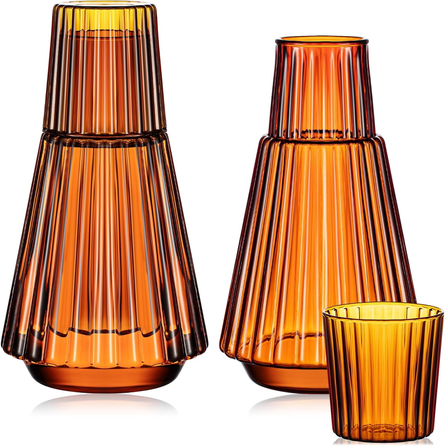 2 Sets 34 oz Striped Glass Bedside Carafe Set Vintage Bedside Water Carafe with Tumbler Amber ...