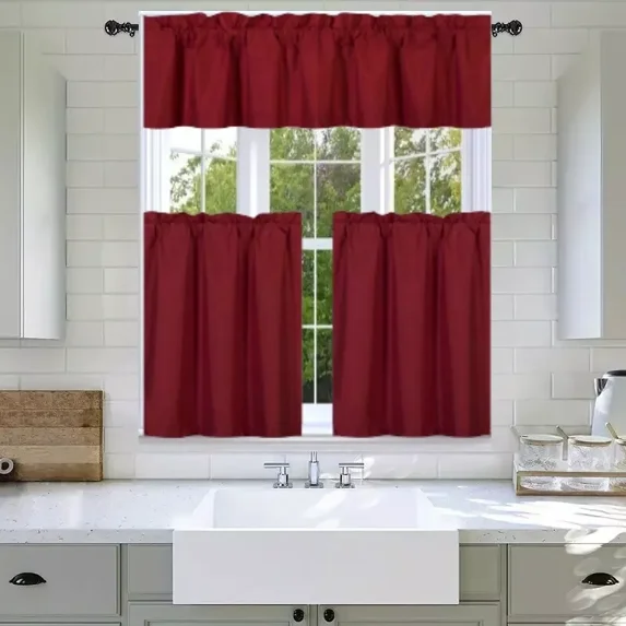 2 Sets 3PC BURGUNDY Faux Silk Kitchen Blackout Curtain Set Includes ...