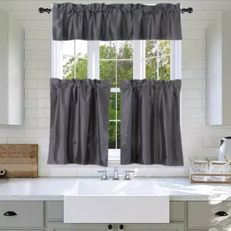 2 Sets 3PC CHARCOAL GREY Faux Silk Kitchen Blackout Curtain Set ...