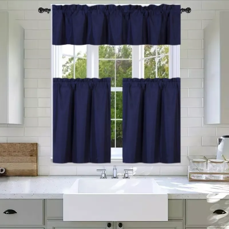 2 Sets 3PC NAVY BLUE Faux Silk Kitchen Blackout Curtain Set Includes ...