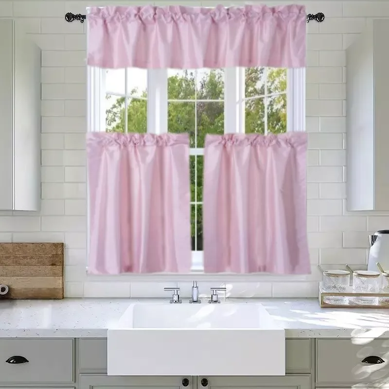 2 Sets 3PC PINK Faux Silk Kitchen Blackout Curtain Set Includes Valance ...
