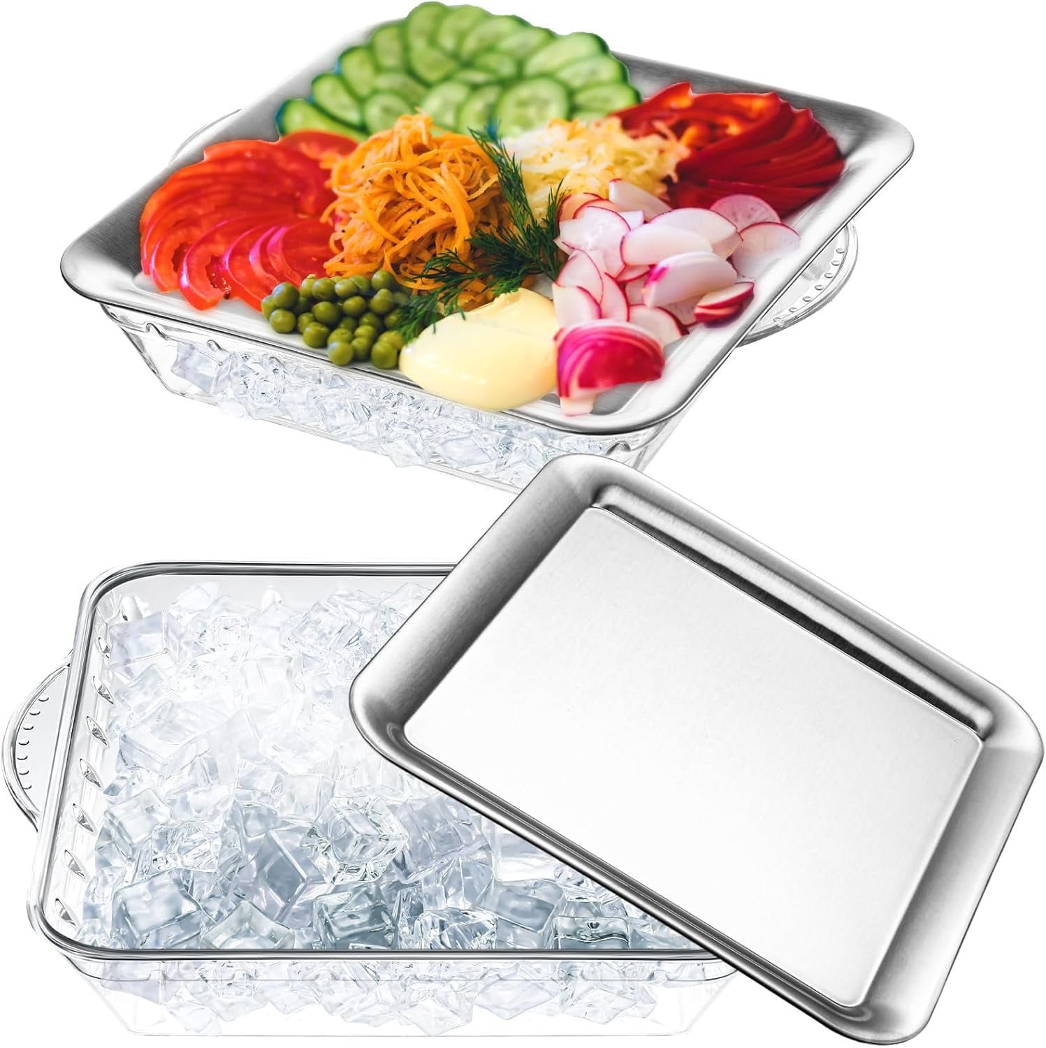 2 Sets 9" Chilled Serving Tray for Parties with Compartments Square Ice ...