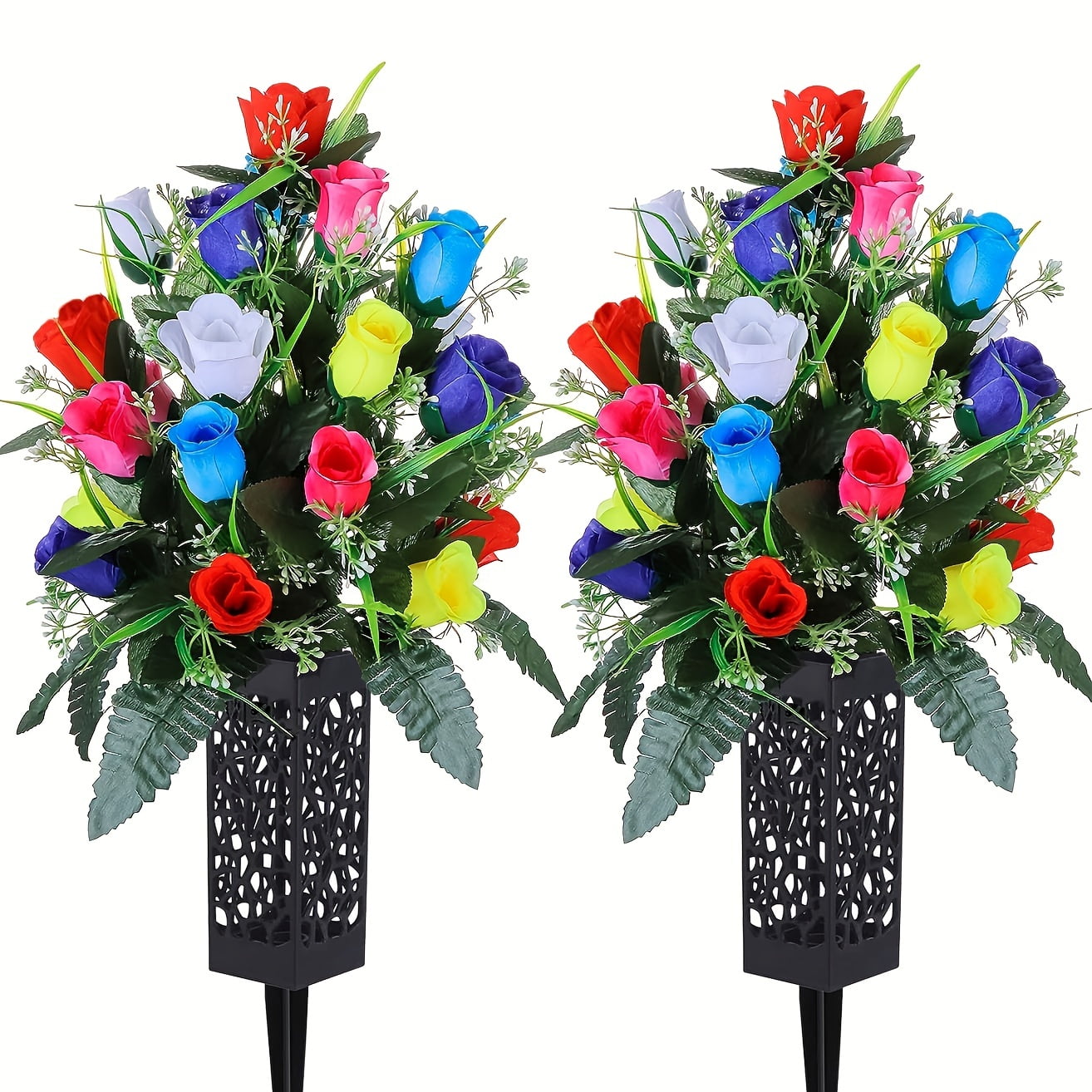 2 Sets Artificial Cemetery Flowers with Vase, Outdoor Grave Flowers ...