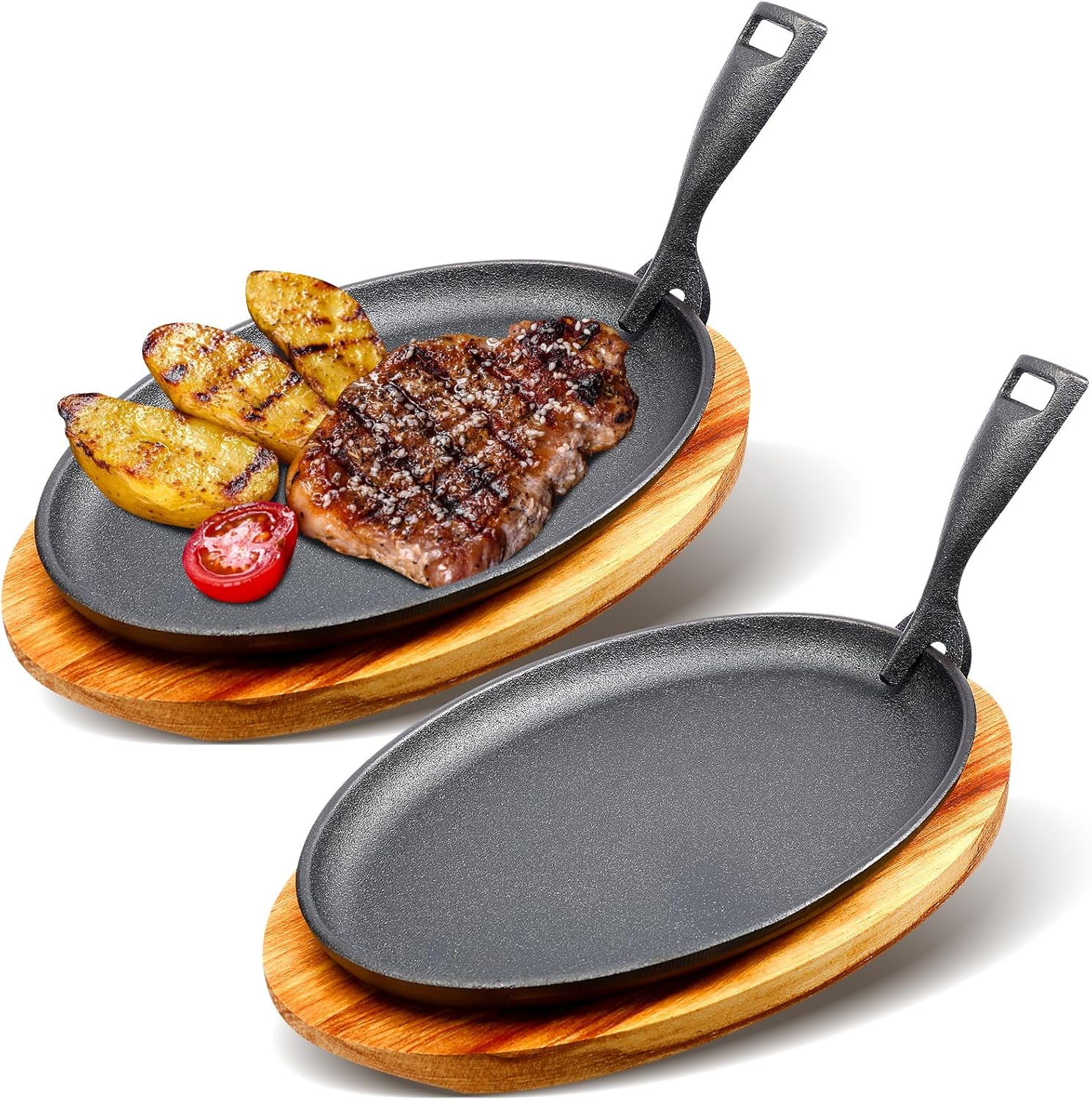 2 Sets Cast Iron Skillet Set 10.63'' x 6.89'' Fajita Plate Sizzling Pan ...