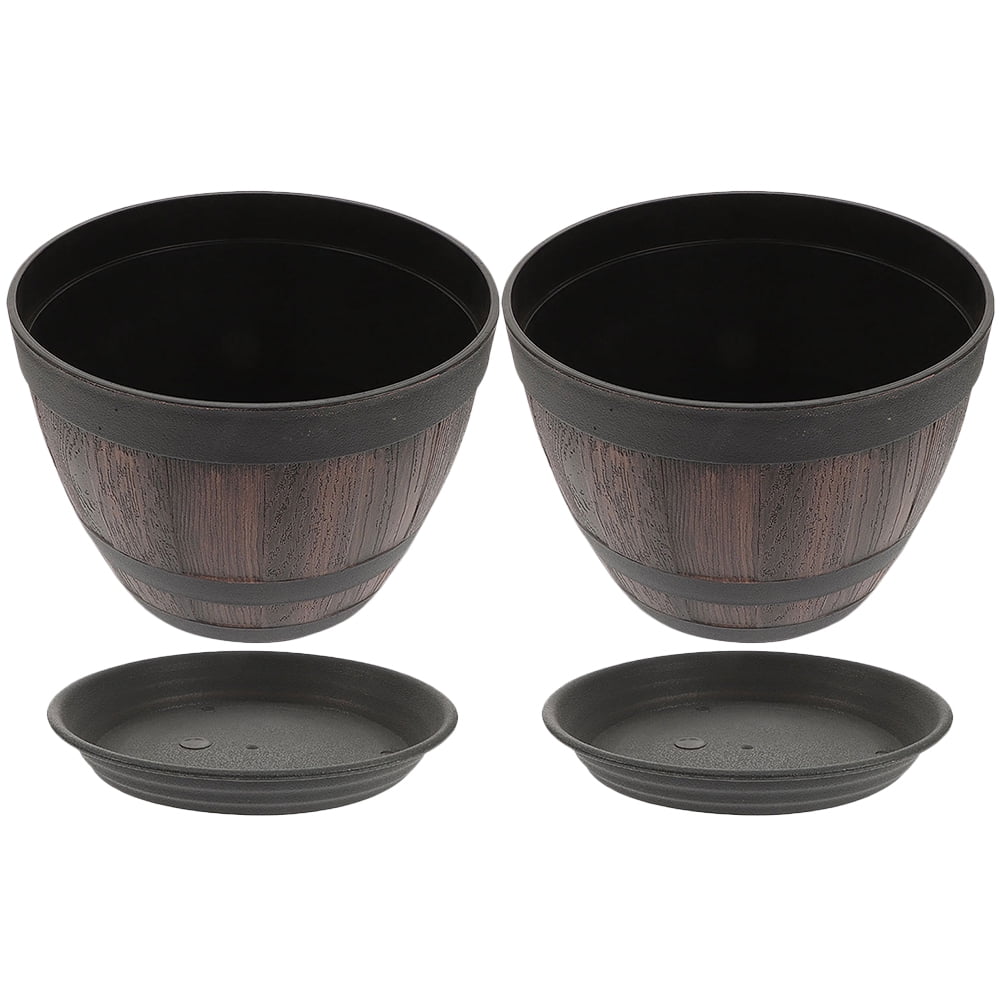 2 Sets Classical Flower Barrel with Tray Retro Imitated Wood Plastic ...