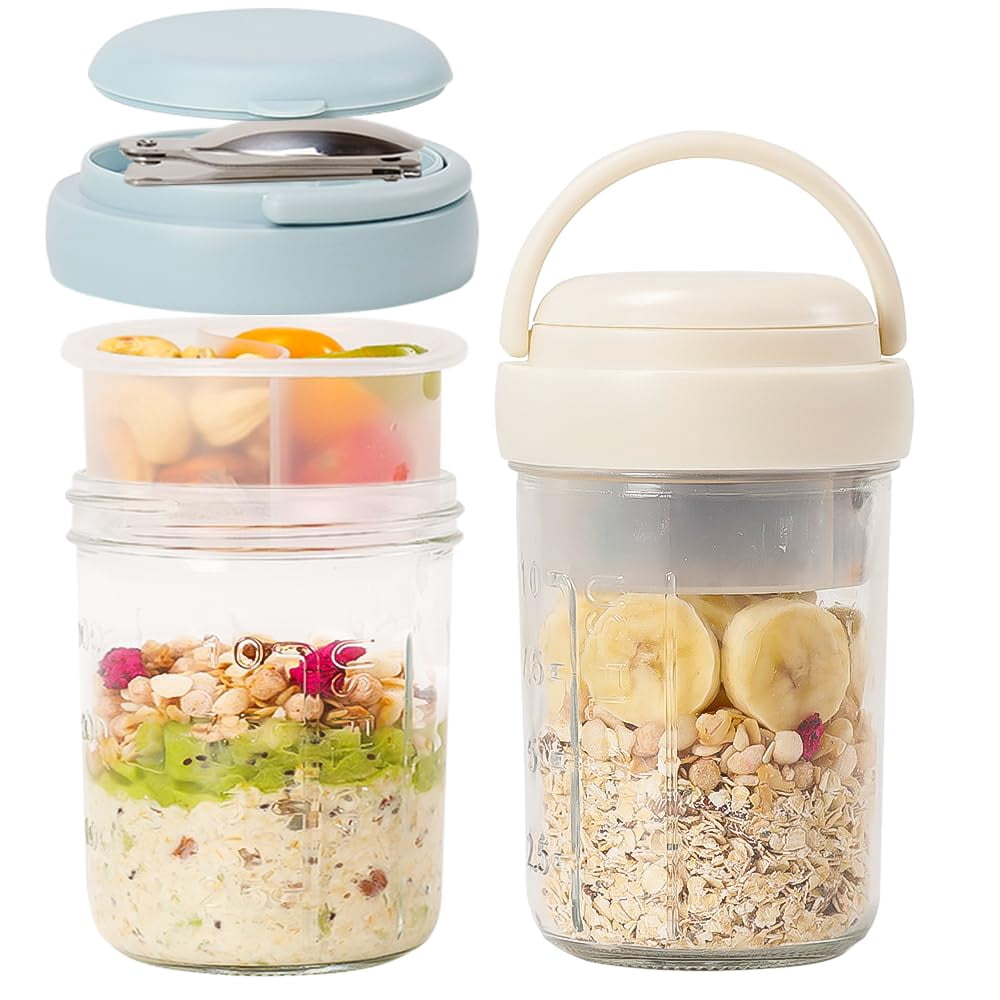 2 Sets - Cream/Blue 16 Oz Glass Food Storage Jars with Handles ...