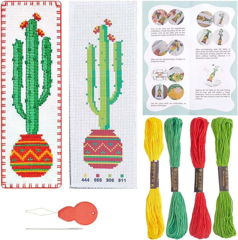 2 Sets Cross Stitch Bookmark Kits Book Mark Making Kits Cactus Plant ...