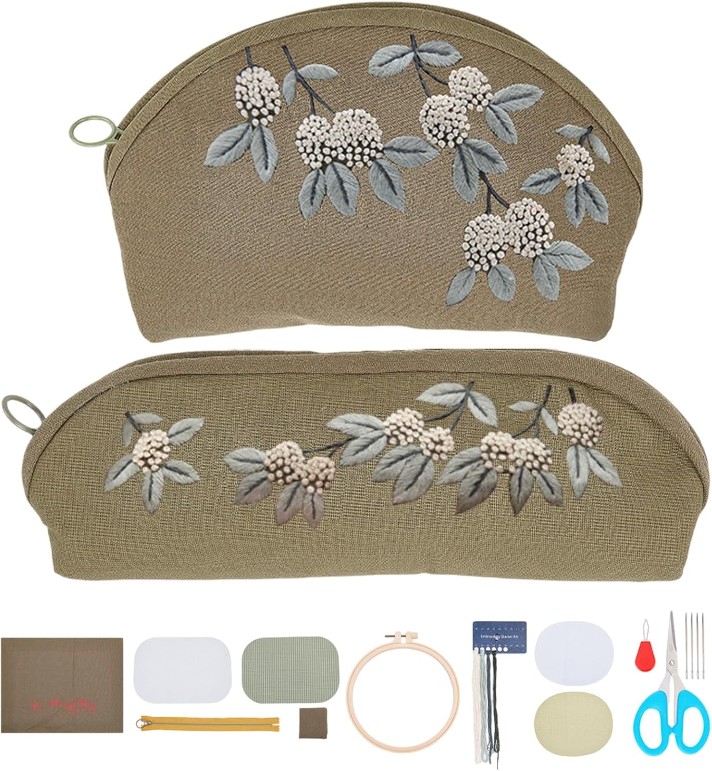 2 Sets DIY Flower Embroidery Zipper Pouch Kit Gray Canvas Crescent Bag ...