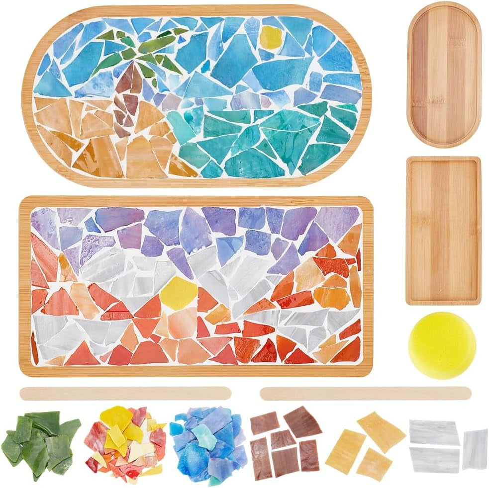 2 Sets DIY Mosaic Craft Kit Coconut Tree Mosaic Bamboo Coasters Kits ...