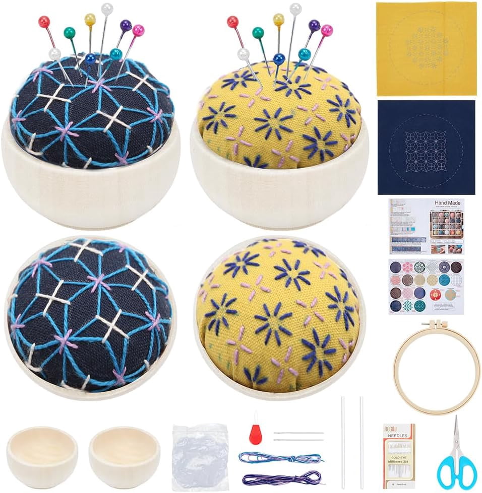 2 Sets DIY Sashiko Pin Cushion Kit Wooden Base Pin Cushions for Sewing ...