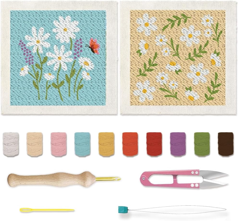 2 Sets Daisy Flower Punch Needle Embroidery Starter Kits Flowers Plants ...