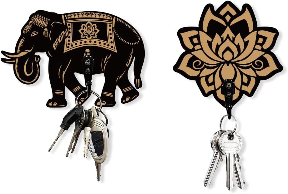 2 Sets Elephant and Lotus Key Holder Wall Mounted Wooden Elephant Wall ...