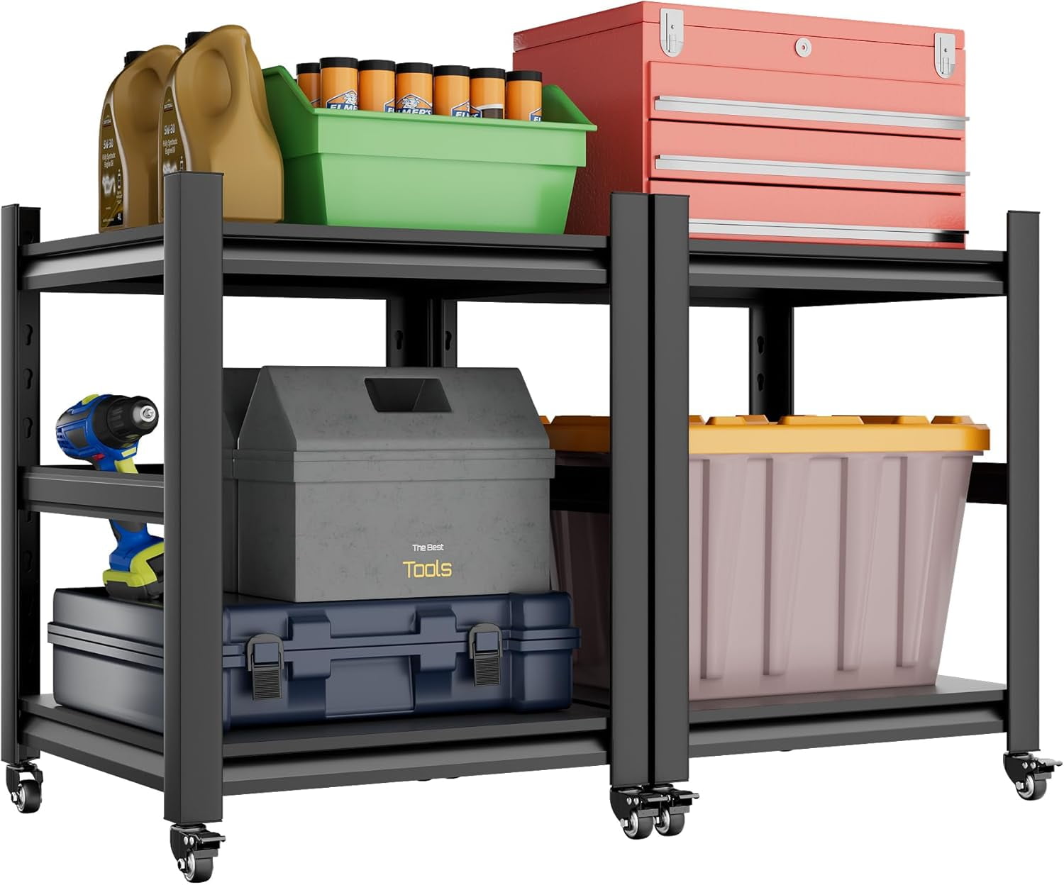 2 Sets Garage Shelving with Wheels and fences Unit 2 Tier Heavy Duty ...